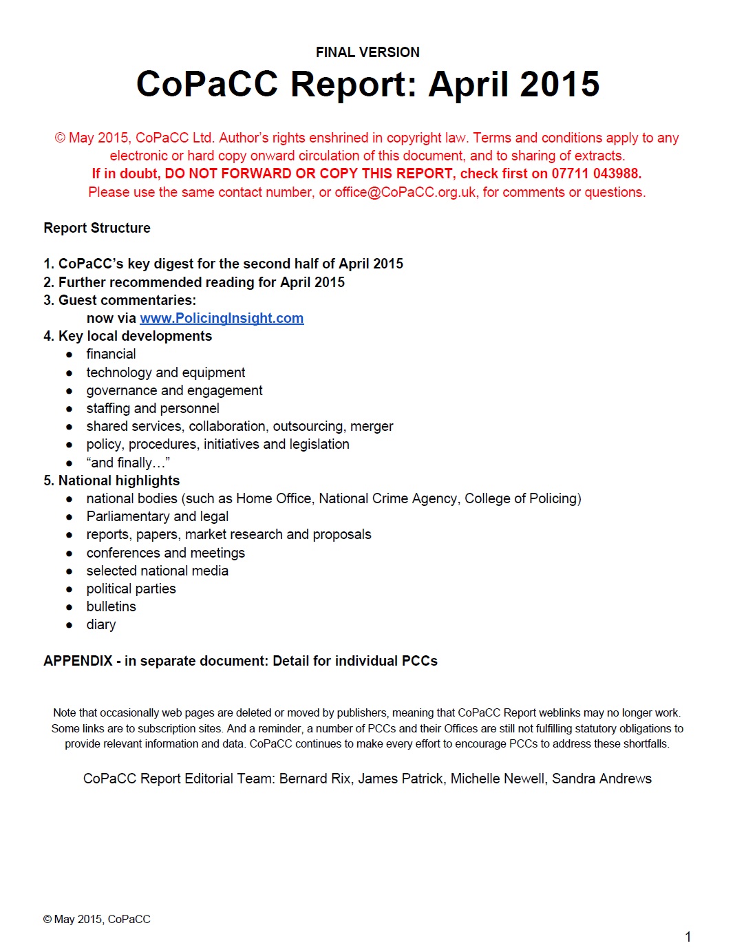CoPaCC Policing Report – April 2015 - Policing Insight